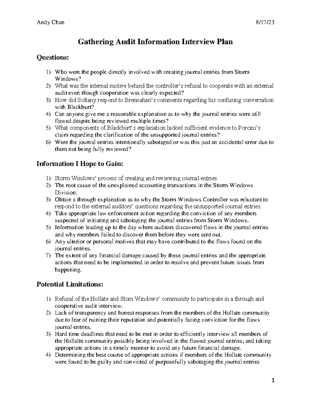 Andy Chan Gathering Audit Information Interview Plan - Andy Chan 8/17 ...