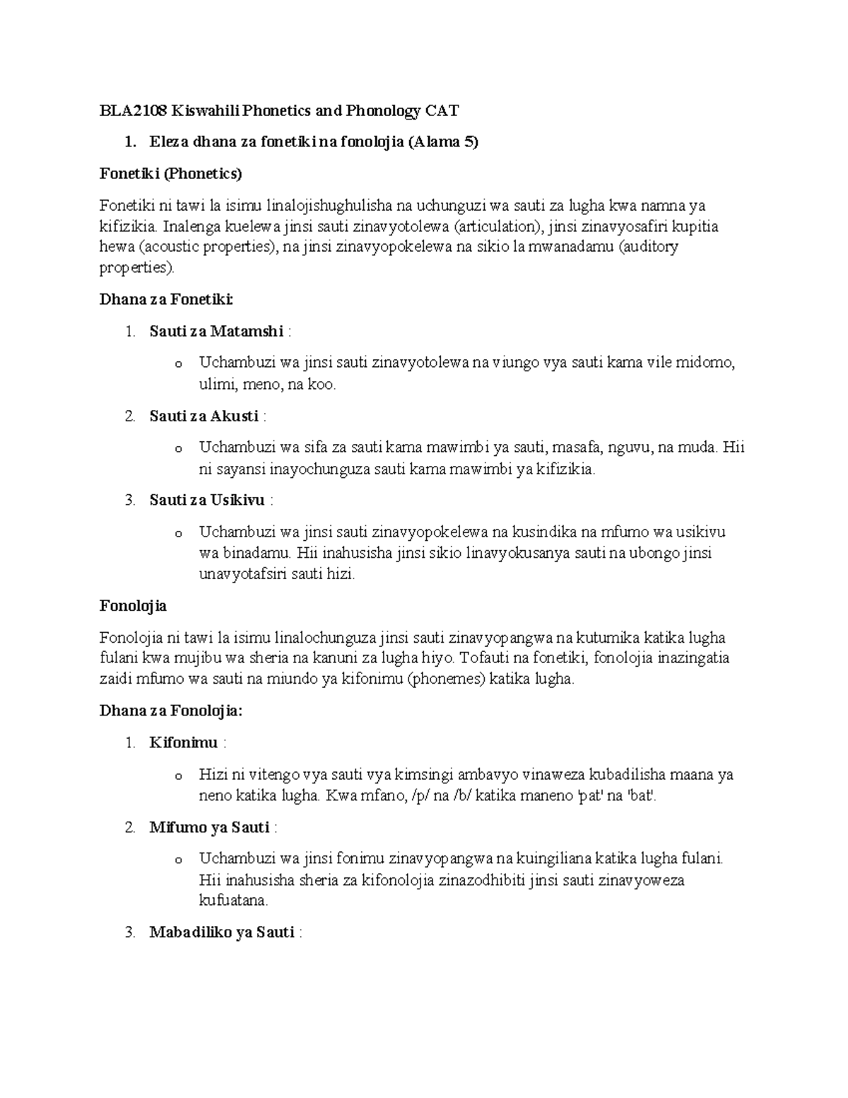 BLA2108 Kiswahili Phonetics and Phonology CAT - Eleza dhana za fonetiki ...