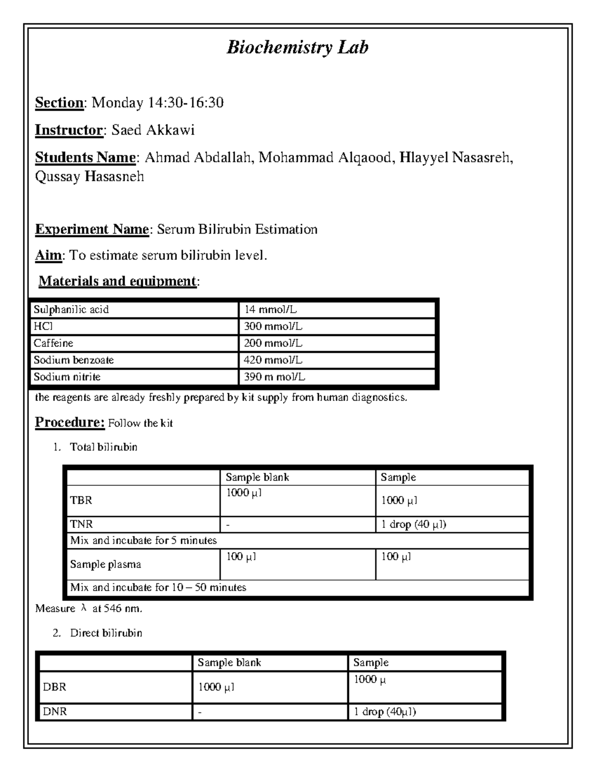 Exp - lab - Biochemistry Lab Section: Monday 14:30-16: Instructor: Saed ...