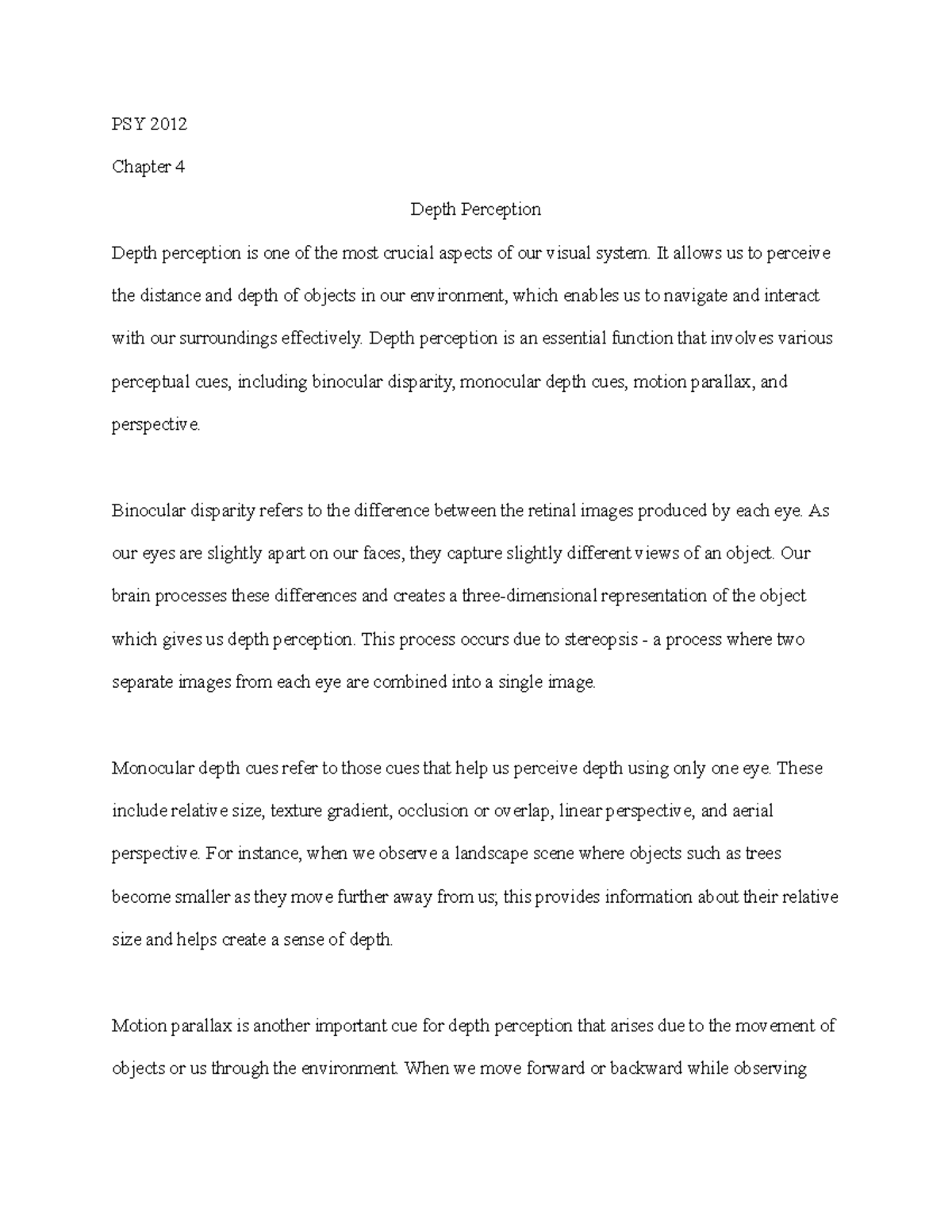 Ch. 4 Depth Perception - Topic summary for learning general psychology ...