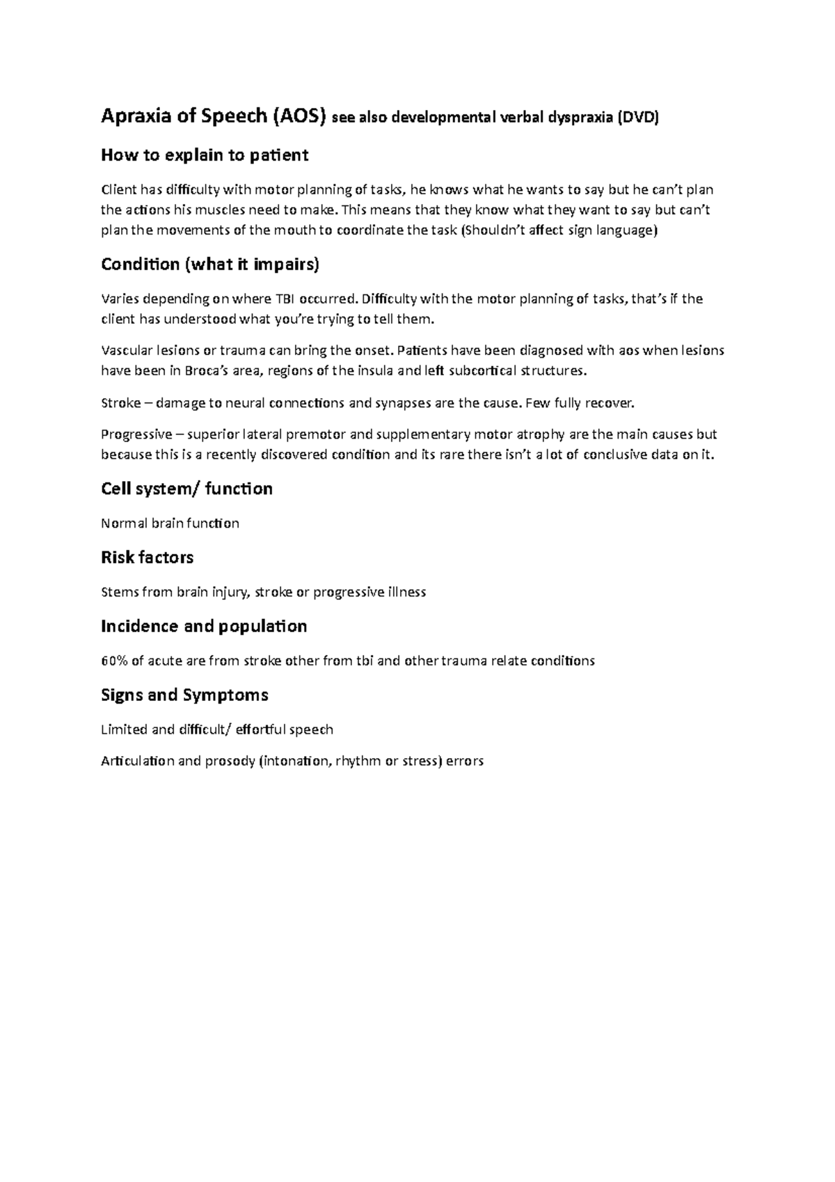 Apraxia of speech cheat sheet - Apraxia of Speech (AOS) see also ...