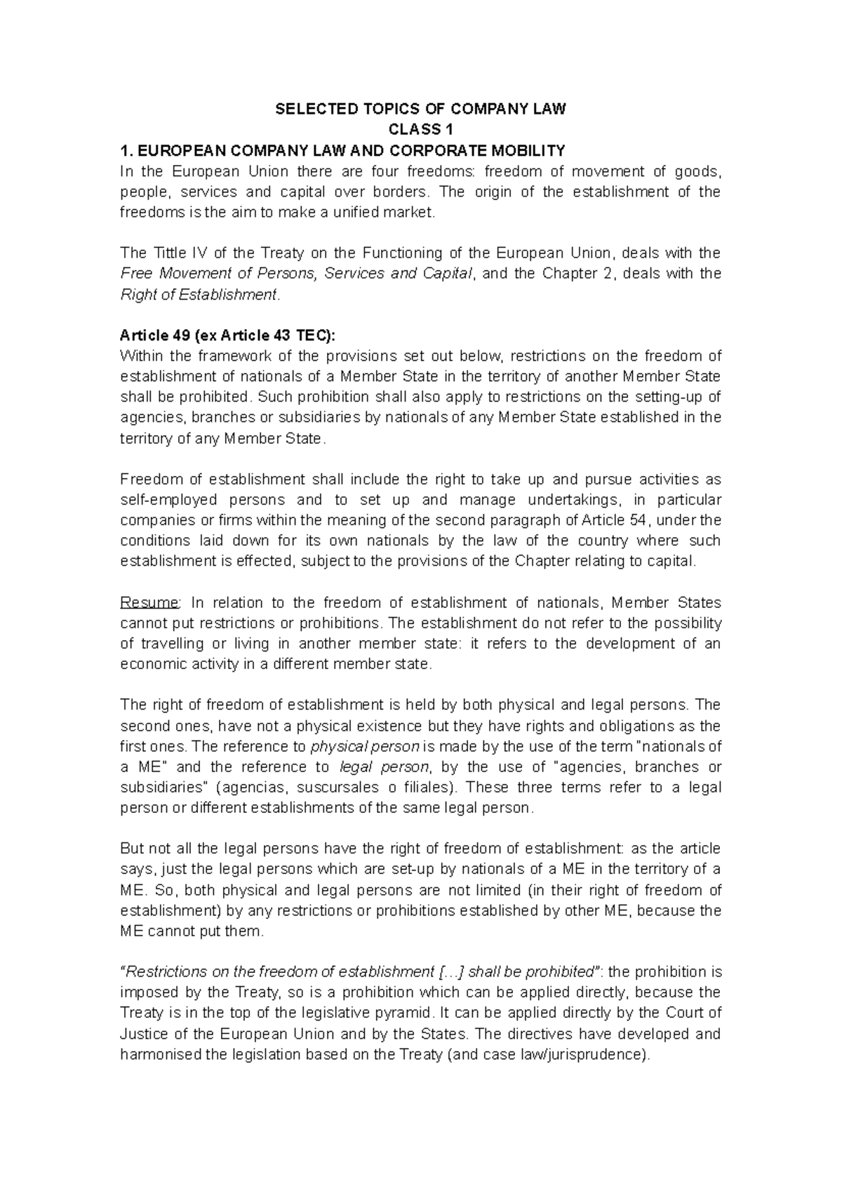 Selected Topics OF Company LAW Class 1 - SELECTED TOPICS OF COMPANY LAW ...
