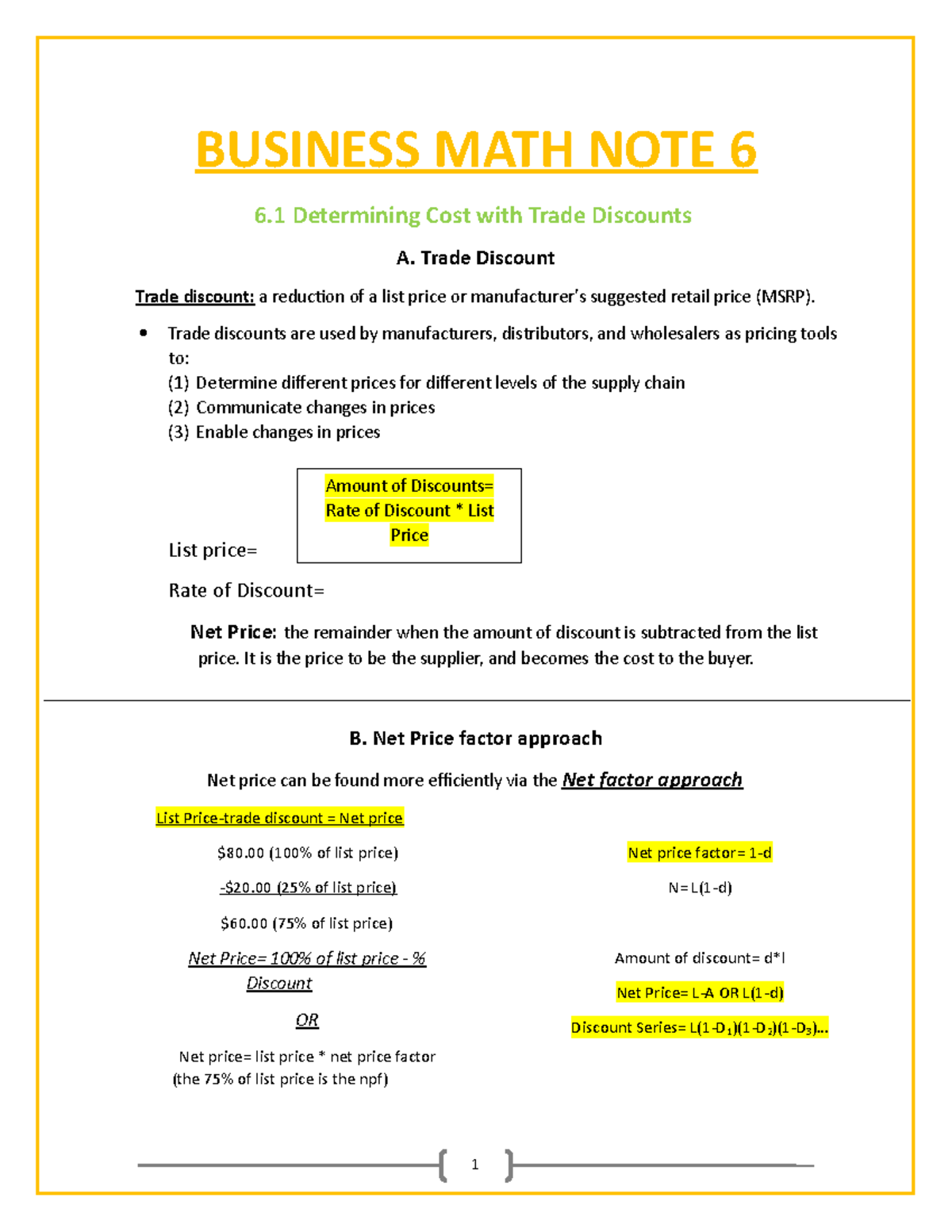 Business Math Note 6 - BUSINESS MATH NOTE 6 6 Determining Cost with ...