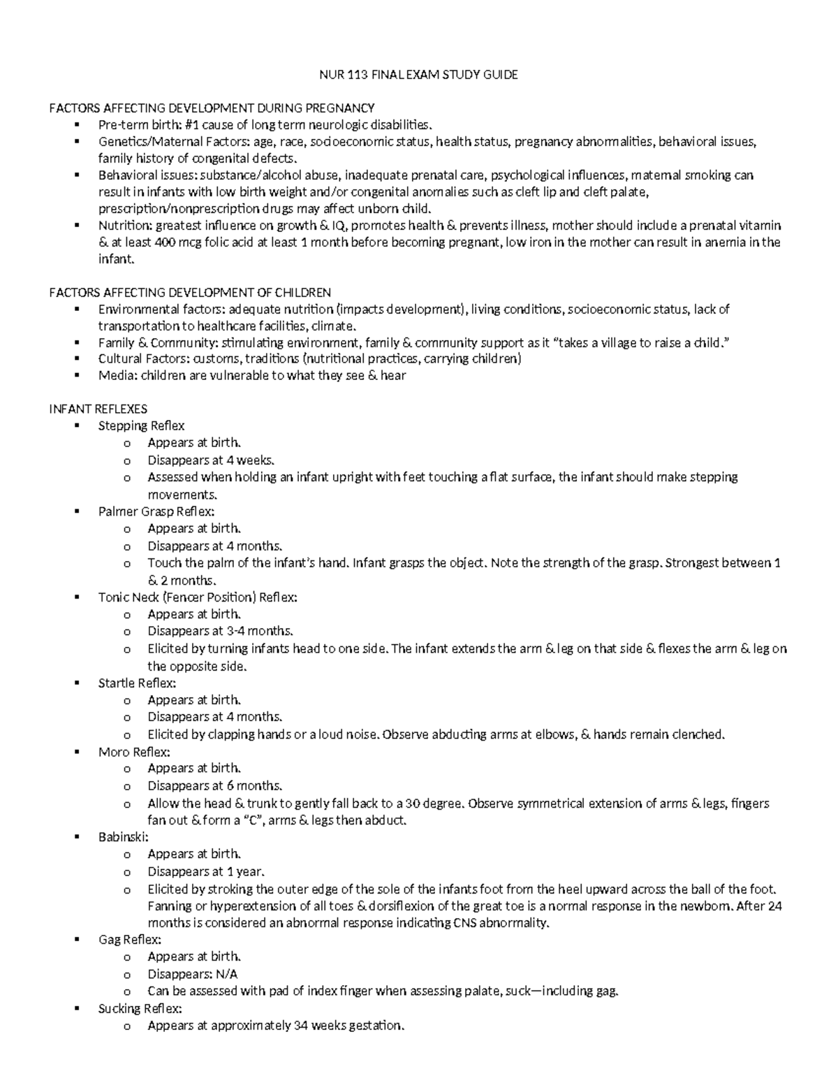 NUR 113 Study Guide - NUR 113 FINAL EXAM STUDY GUIDE FACTORS AFFECTING ...