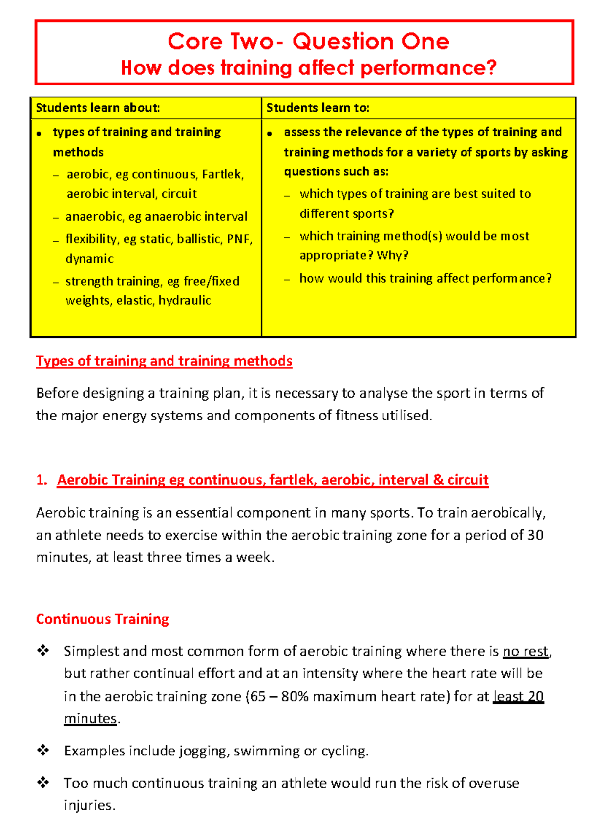 Pdhpe Types of Training - Notes - Students learn about: Students learn ...