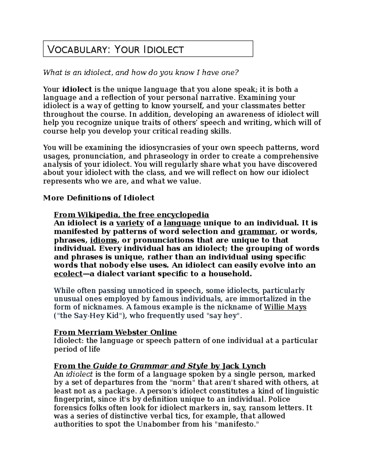 Idiolect Intro - Assessment 5 - What is an idiolect, and how do you ...