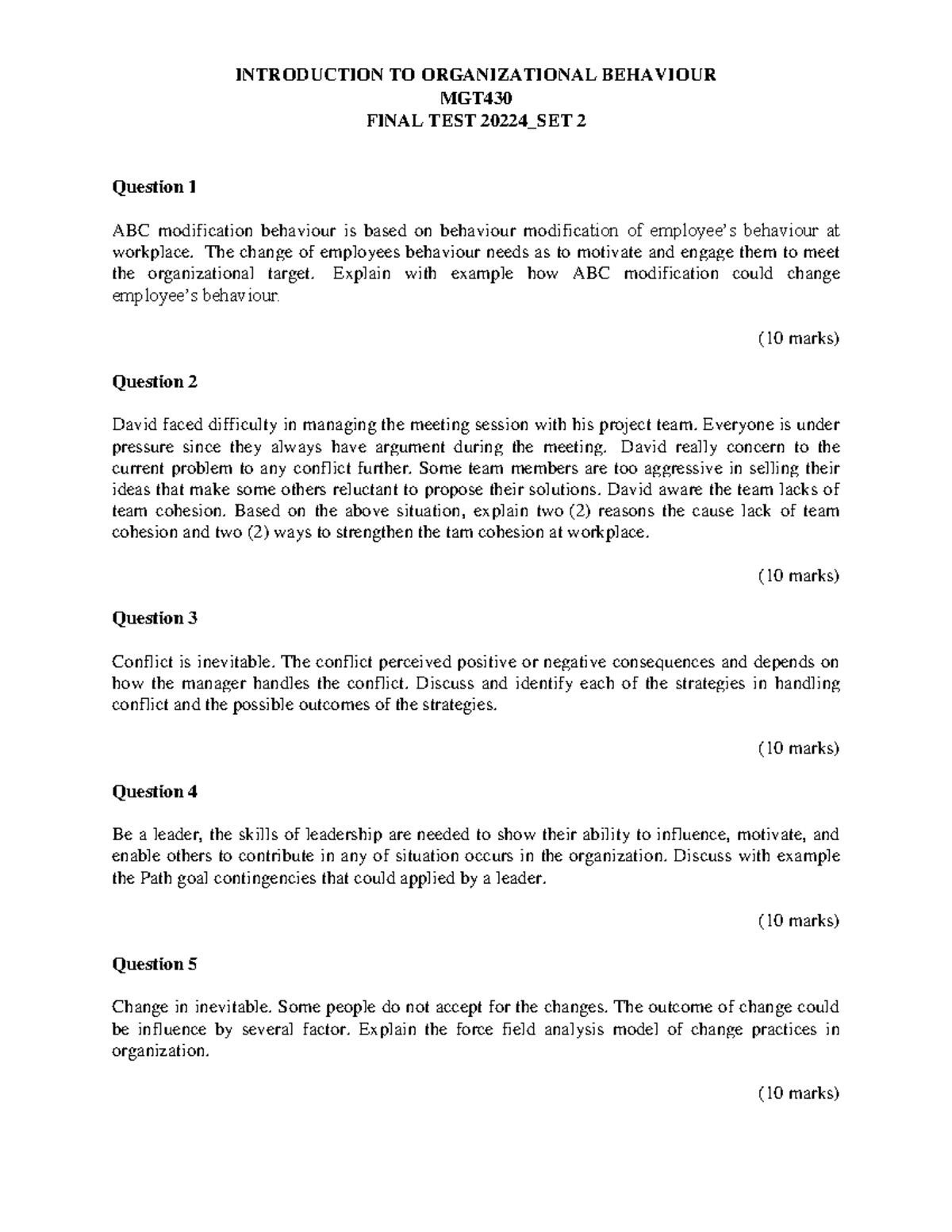 Final Test MGT430 Set 3 - INTRODUCTION TO ORGANIZATIONAL BEHAVIOUR MGT ...