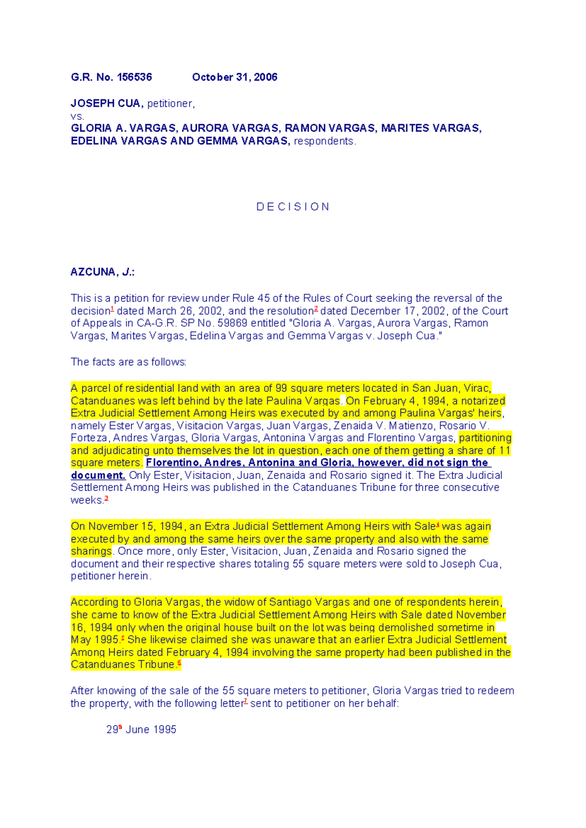 2. Joseph Cua vs. Gloria Vargas et al GR No. 156536 October 31, 2006 ...