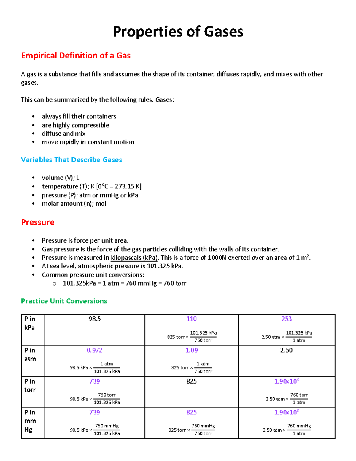 Unit Notes - Gases - n/a - Properties of Gases Empirical Definition of ...