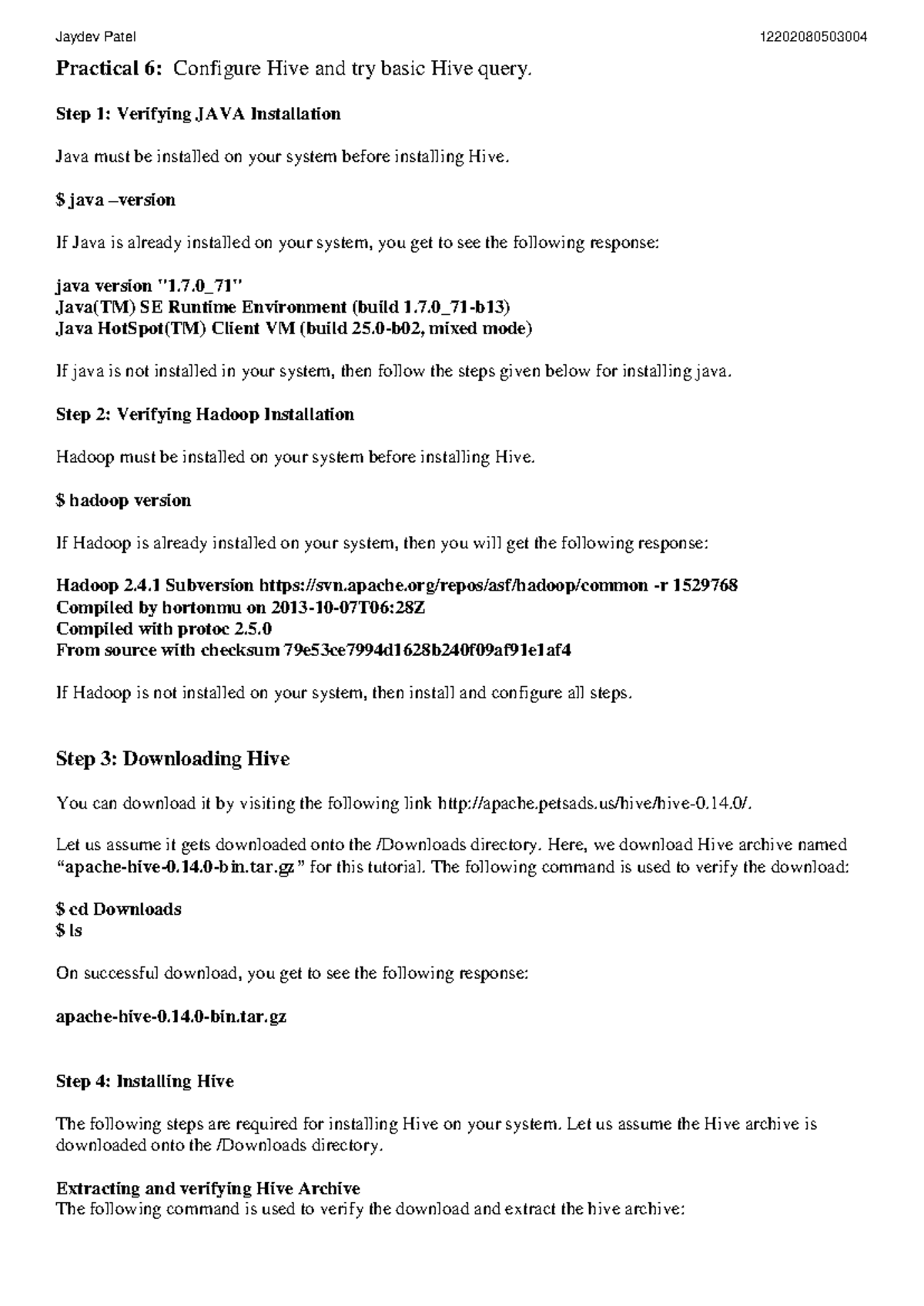 Practical 6 - Practical 6: Configure Hive and try basic Hive query ...
