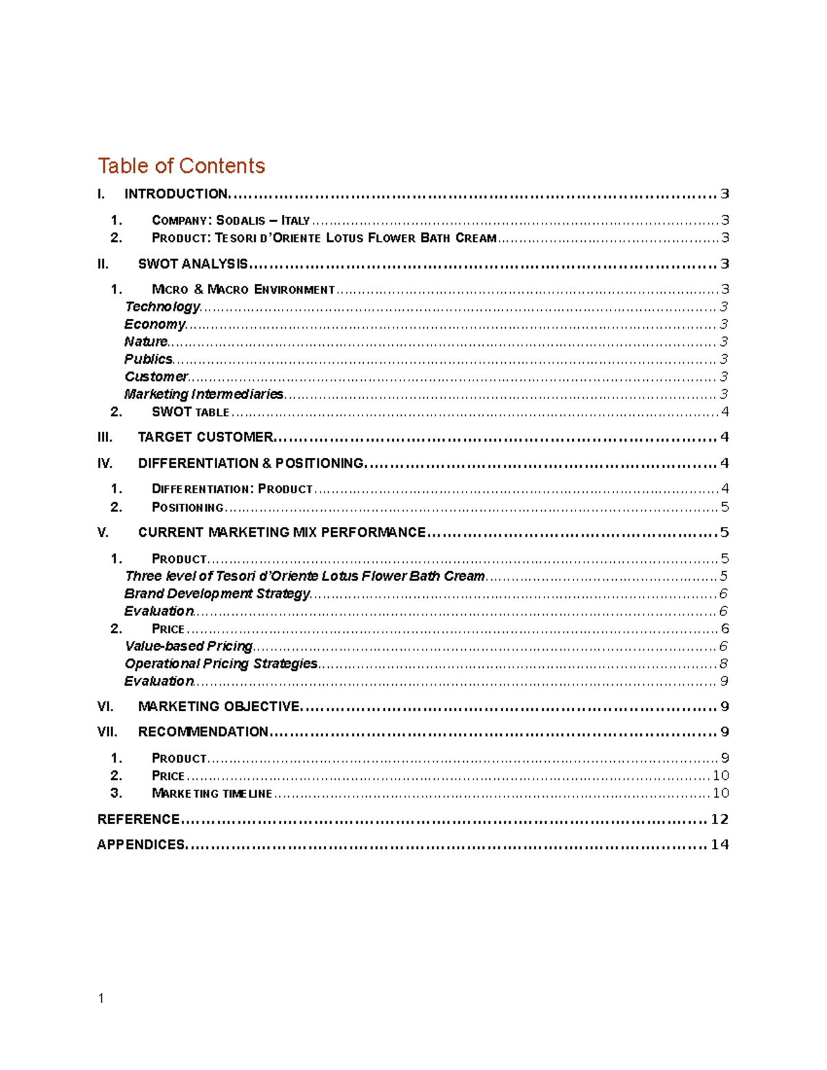 Individual Marketing PLAN - Table of Contents I. - Studocu