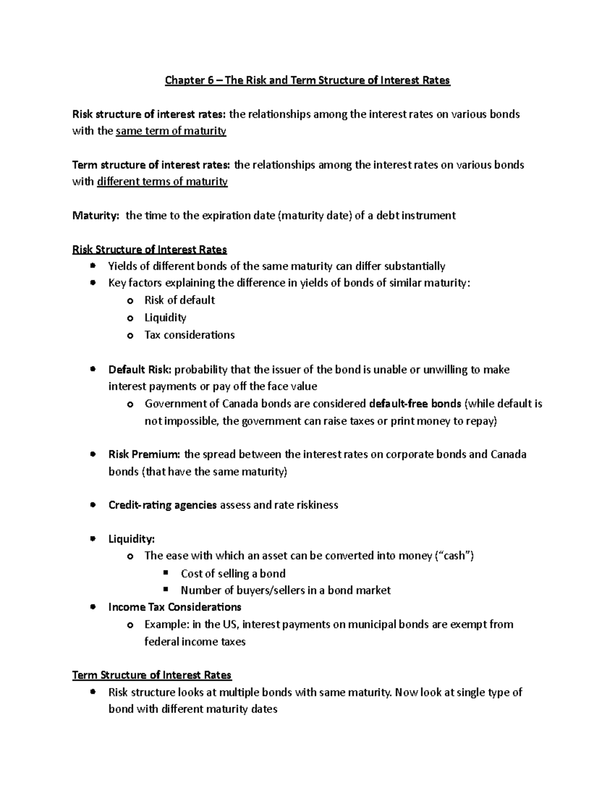 Chapter 6 - lecture notes - Chapter 6 – The Risk and Term Structure of ...
