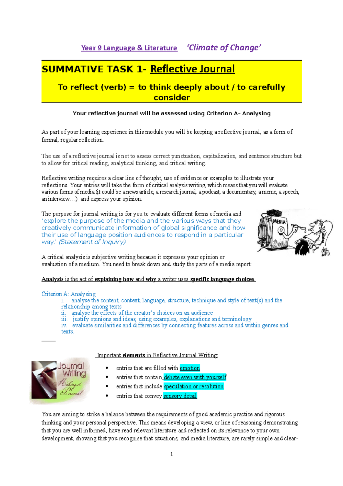 Summative Task 1- Reflective Journal Writing - Year 9 Language ...