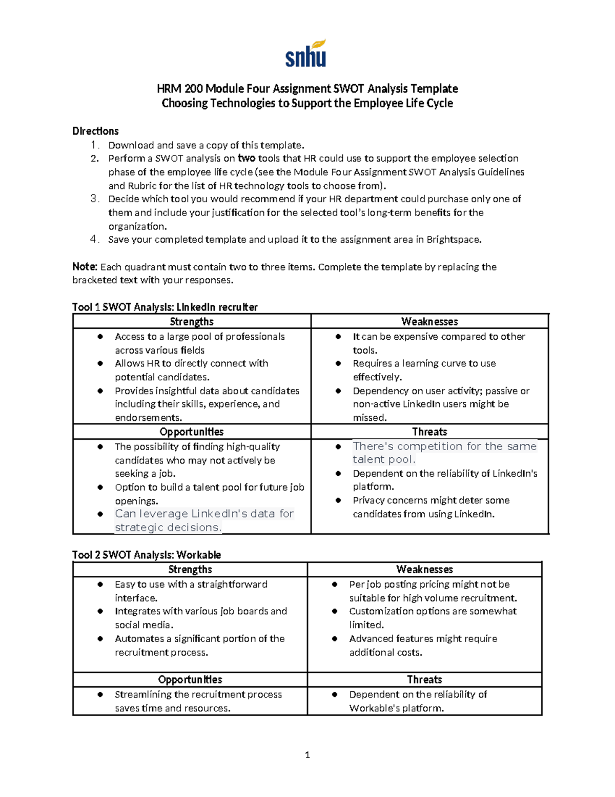 HRM 200 Module Four Assignment SWOT Analysis Template - Download and ...
