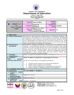 English 7Q4 Module 7 - 7 ENGLISH Quarter 4 - Module 7 Composing an ...