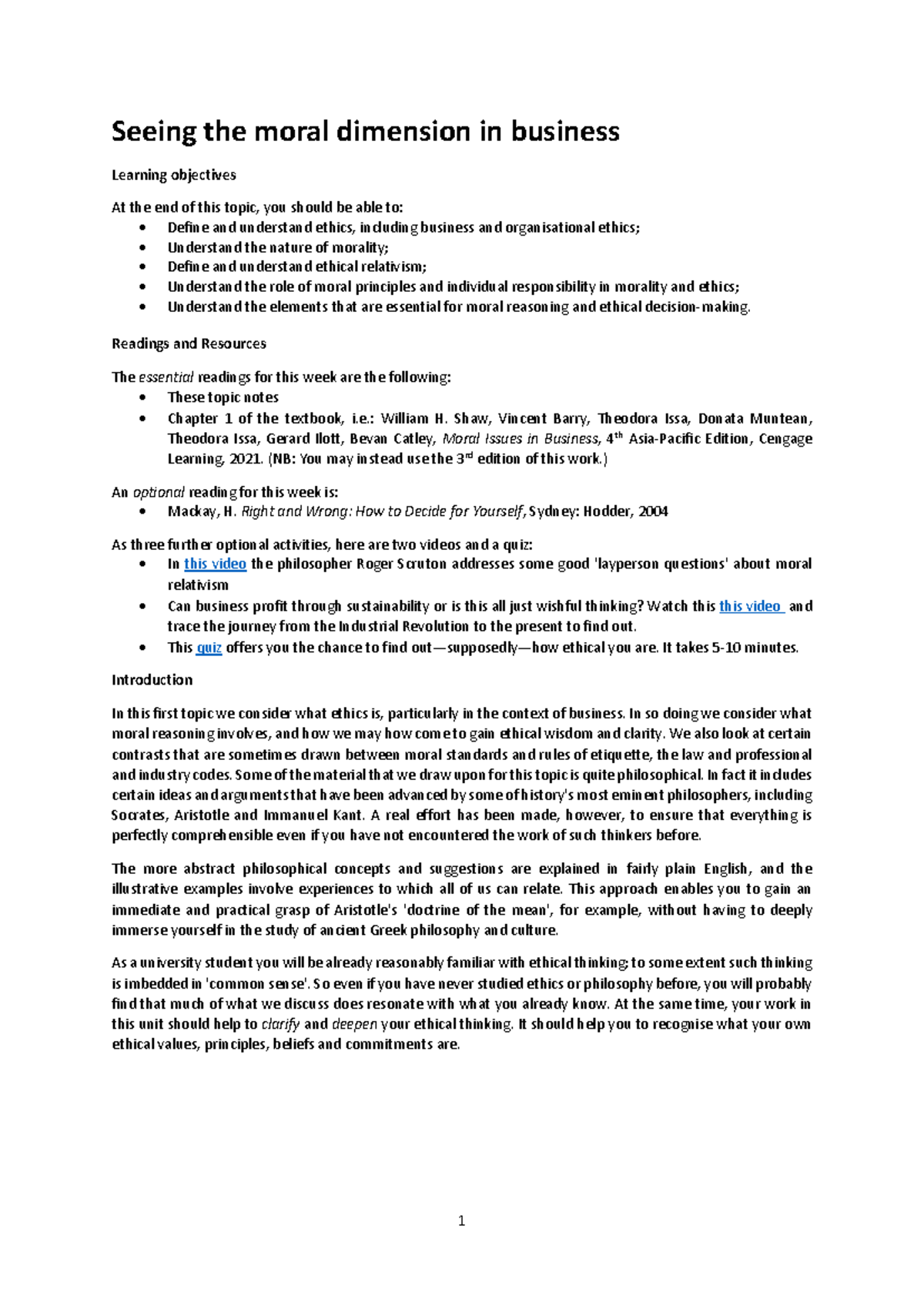 Notes Ch 1 - Seeing the moral dimension in business - Seeing the moral ...