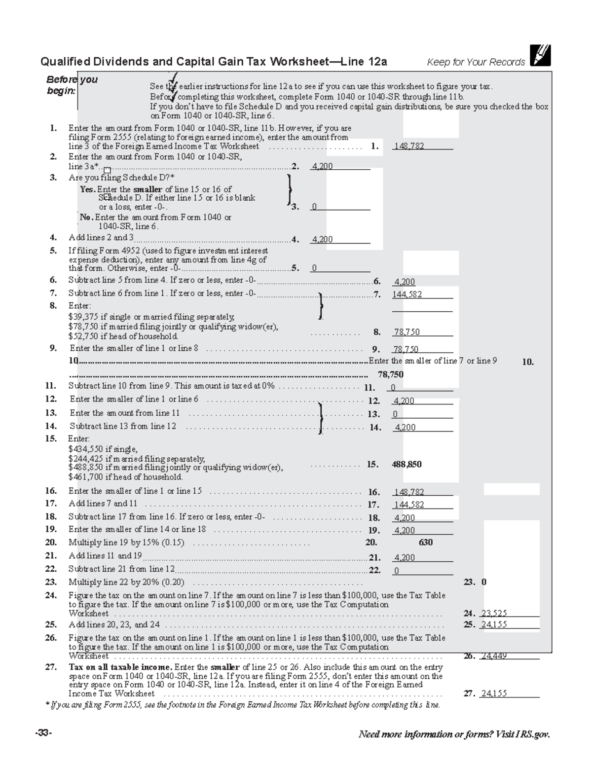 Qualified Dividends and Capital Gains Worksheet - Qualified Dividends ...