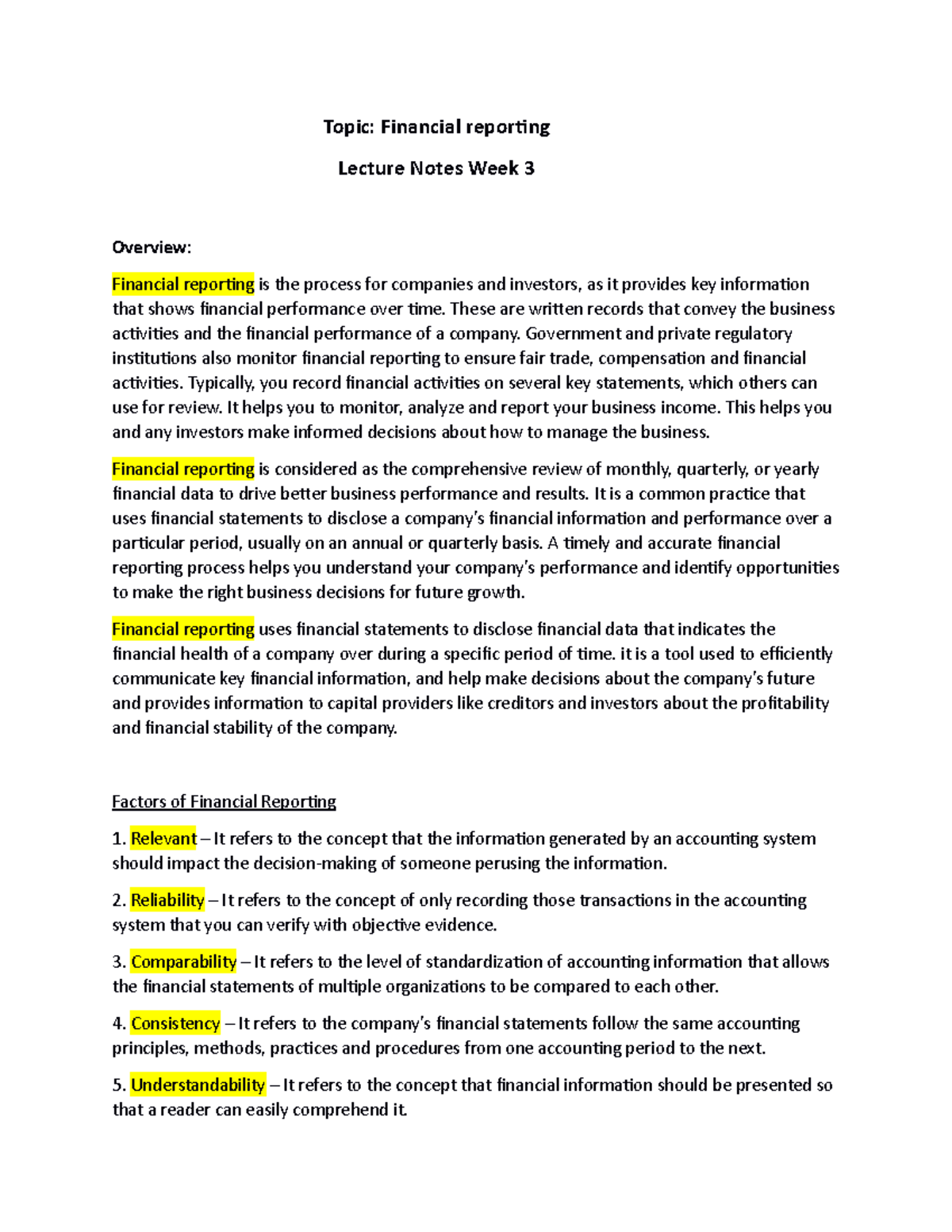 Financial reporting - Topic: Financial reporting Lecture Notes Week 3 ...