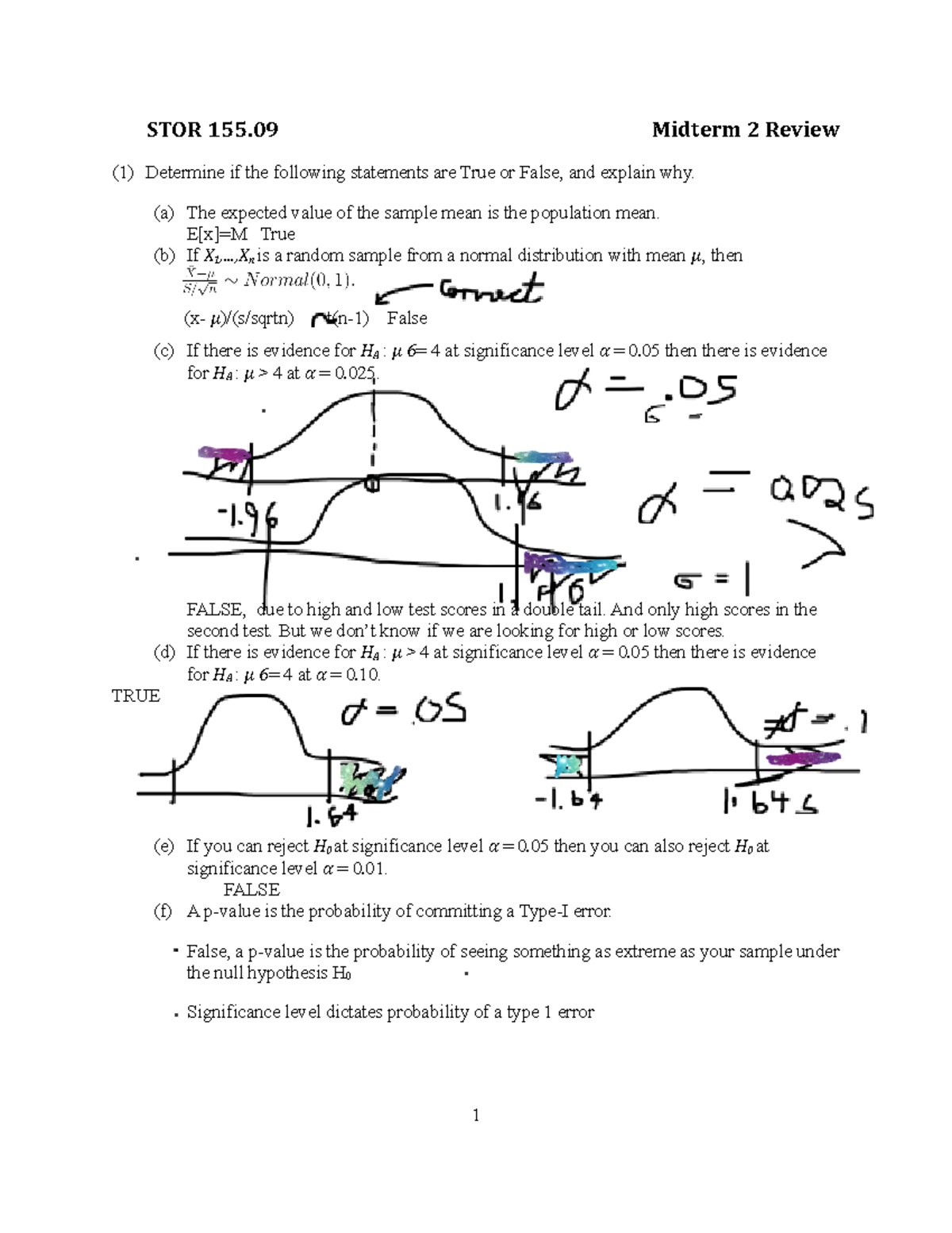 Midterm 2 Review - STOR 155 Midterm 2 Review (1) Determine if the following statements are True ...