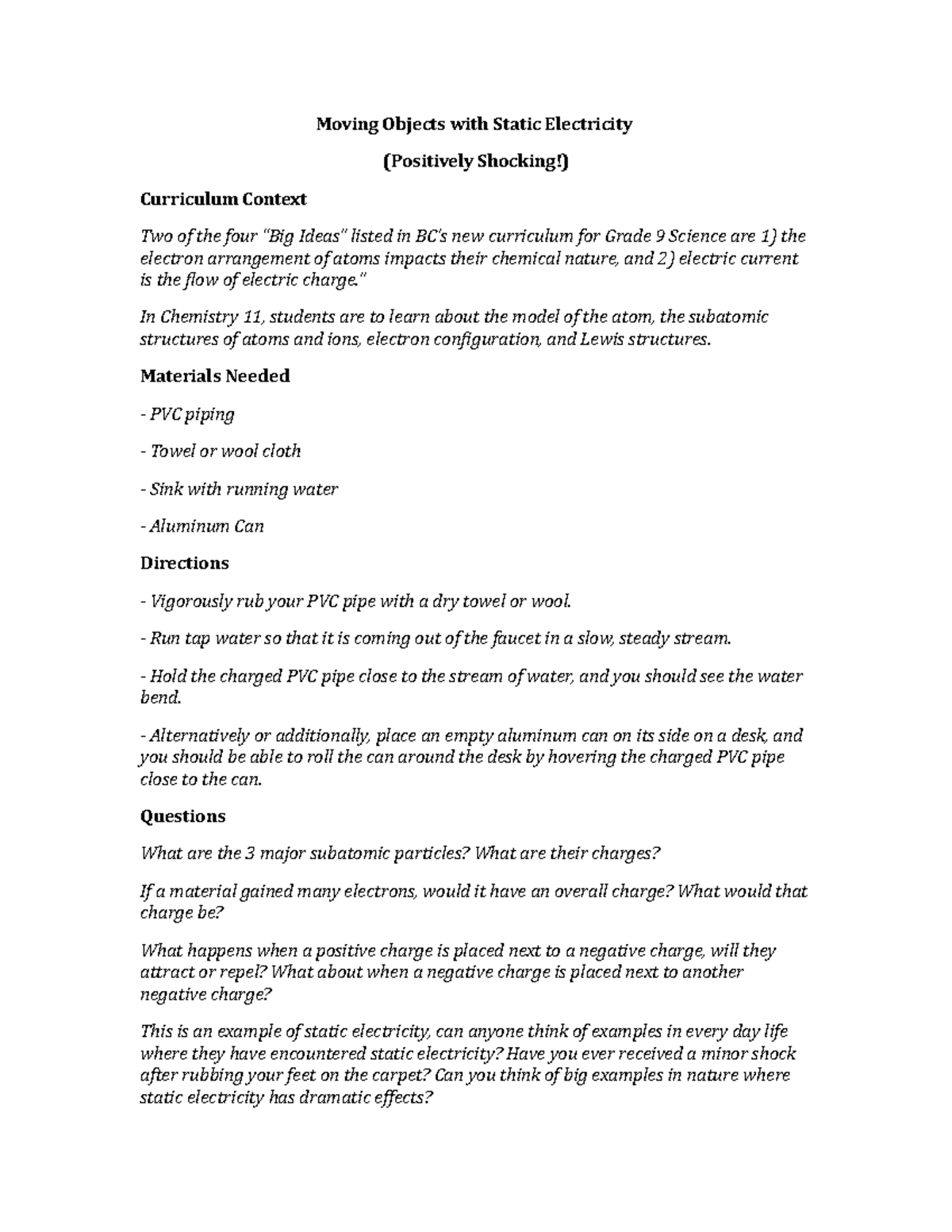 Moving Objects with Static Electricity - Moving Objects with Static ...