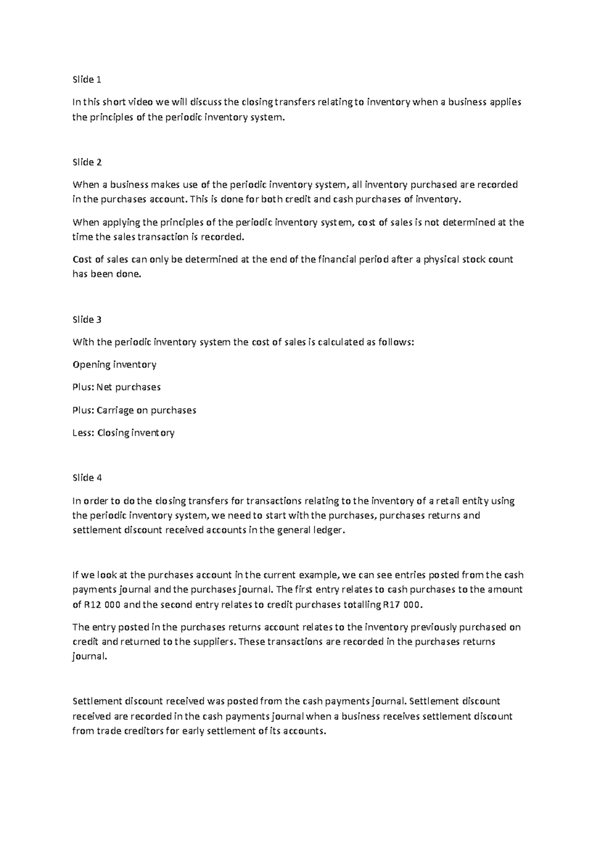 Script Closing transfers - cost of sales periodic inventory system ...