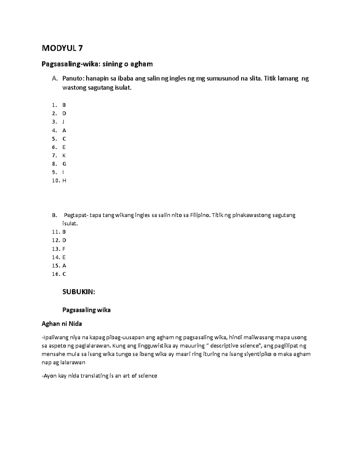 Modyul 7 - MODYUL 7 Pagsasaling-wika: sining o agham A. Panuto: hanapin ...