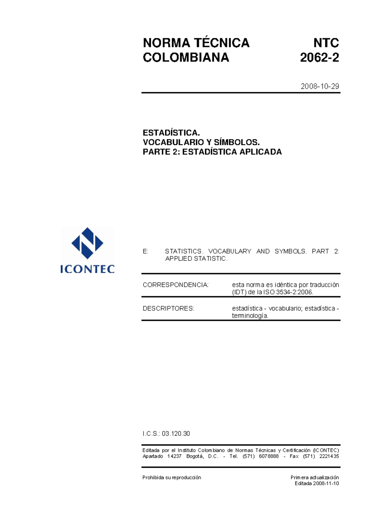 Iso 3534 2 2006 muestreo - NORMA TÉCNICA NTC COLOMBIANA 2062- 2008-10 ...