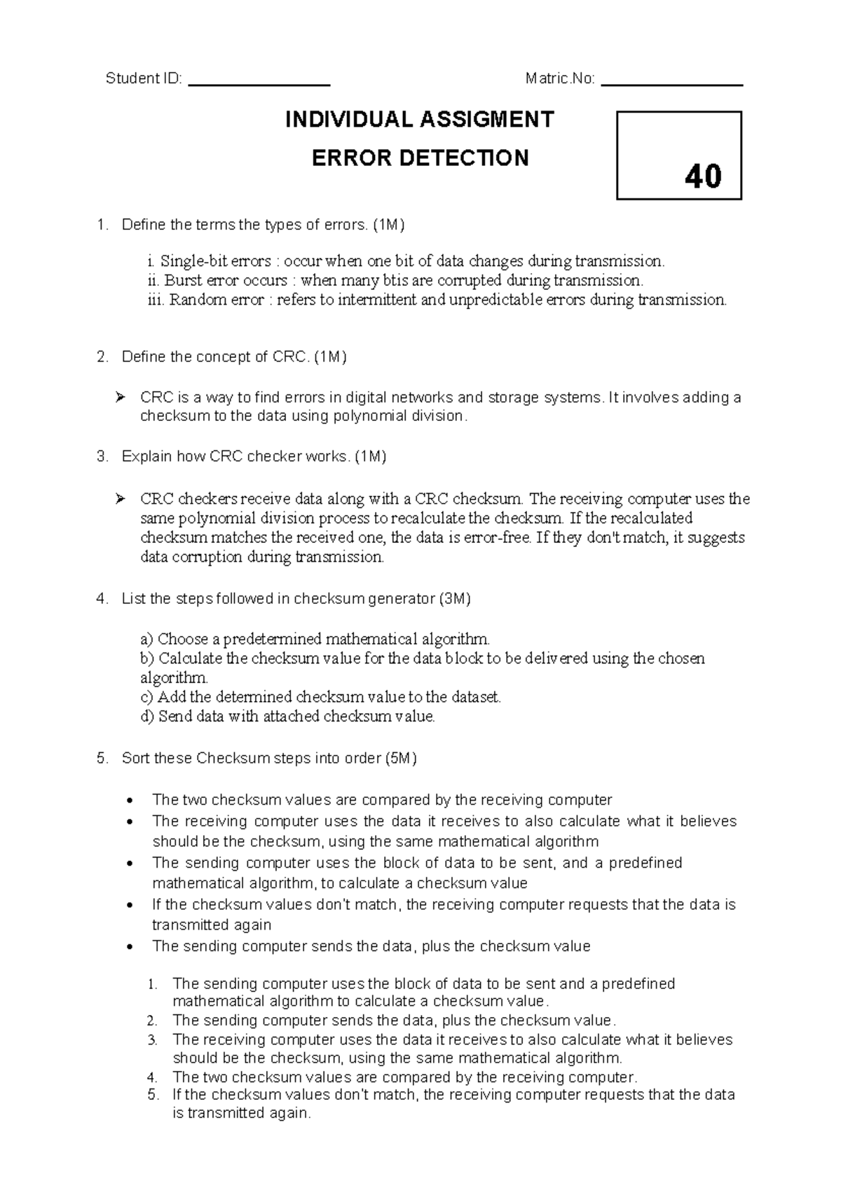 Individual Assigment 1 - ITT400 - Student ID: Matric: INDIVIDUAL ASSIGMENT ERROR DETECTION ...