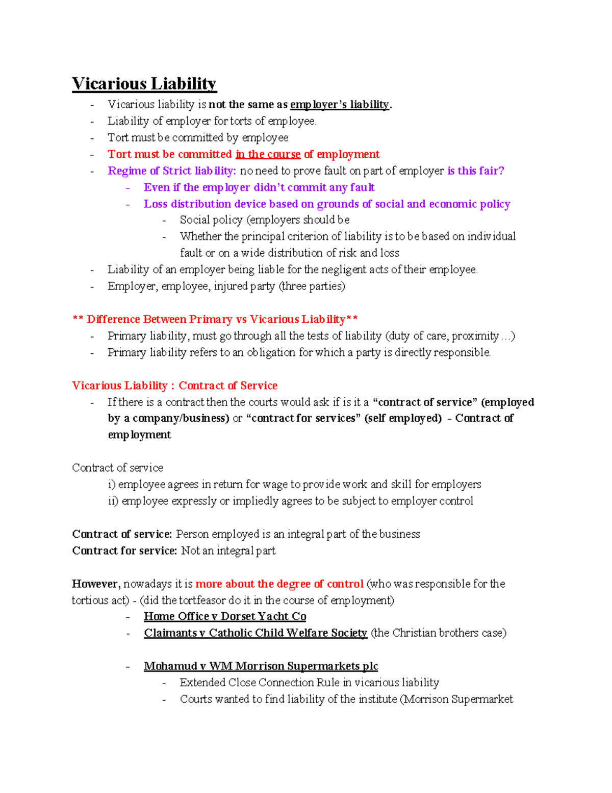 Tort Law Exam Revision - Omissions and Vicarious Liability - Vicarious ...