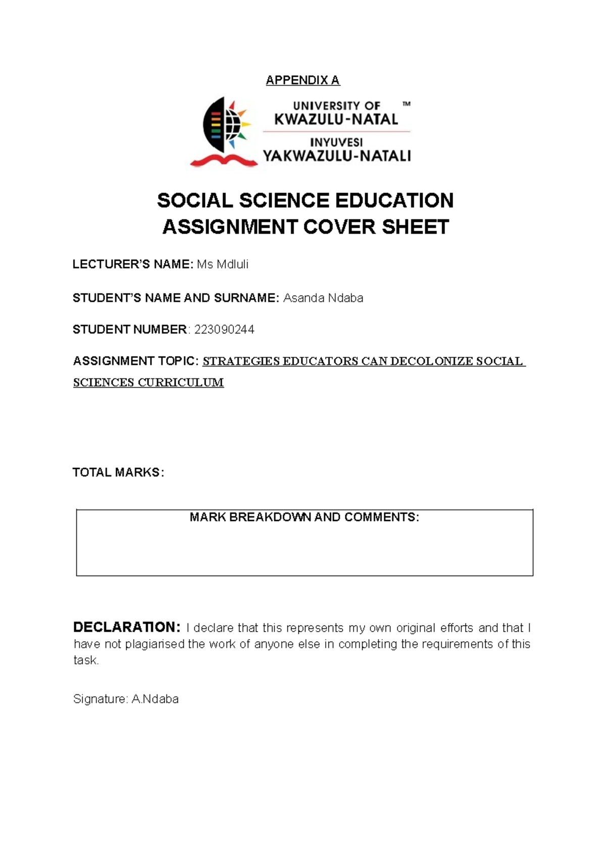 Asanda Ndaba 223090244 EDSS (3 - APPENDIX A SOCIAL SCIENCE EDUCATION ...