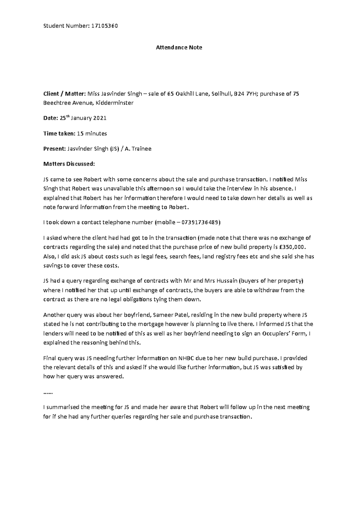 Summative attendance note - Student Number: 17105360 Attendance Note ...