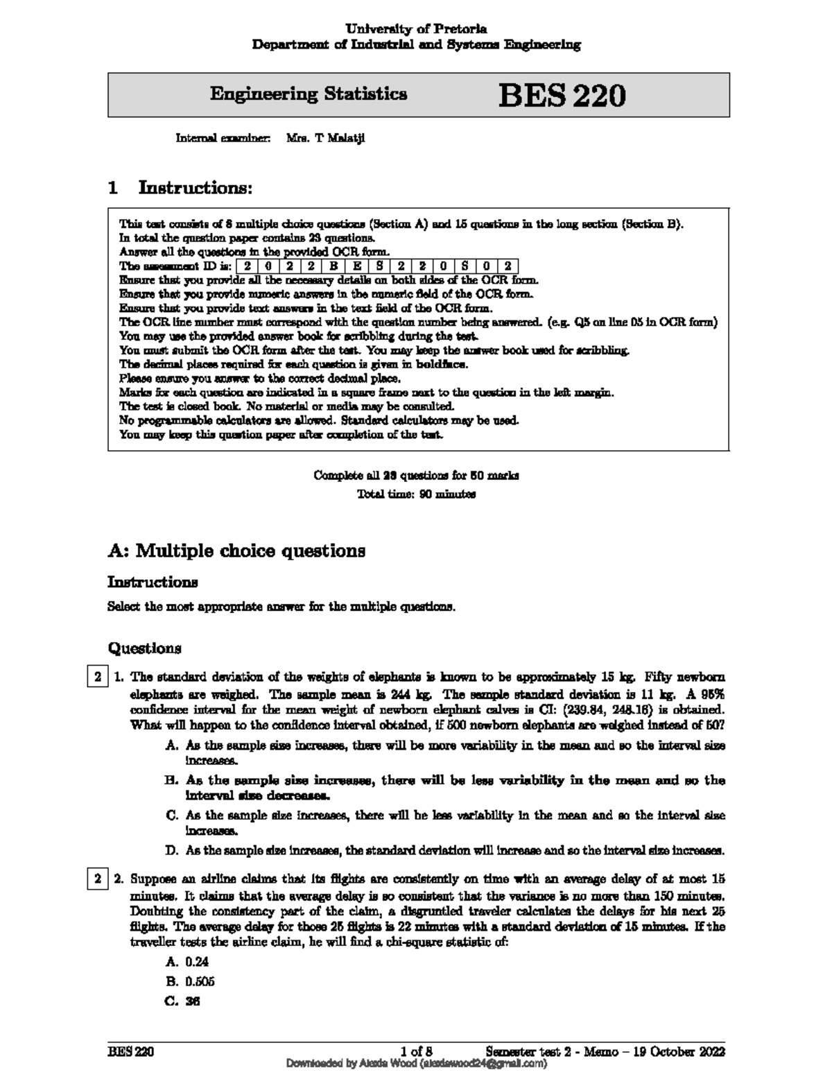 ST2 BES 2022 - Semester test 2 question paper with memorandum - BES 220 ...