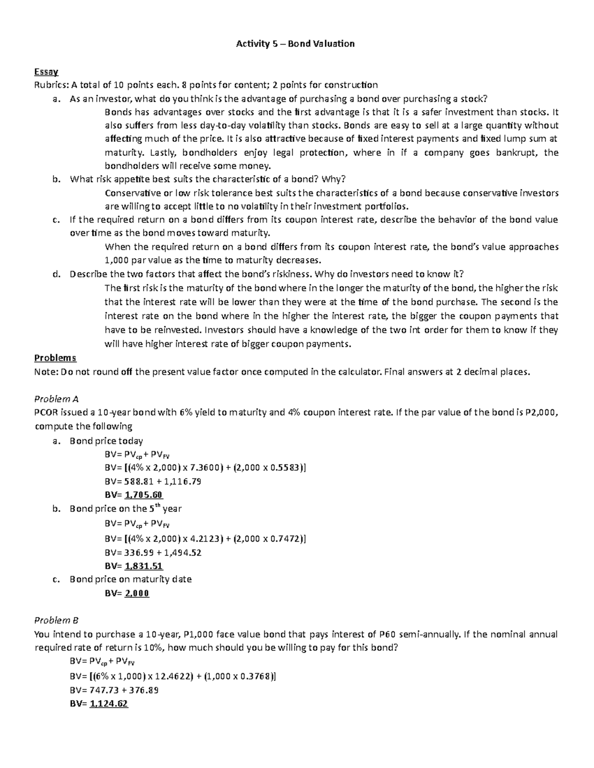 Labayne Assignment 5 - finmar - Acivity 5 – Bond Valuaion Essay Rubrics ...