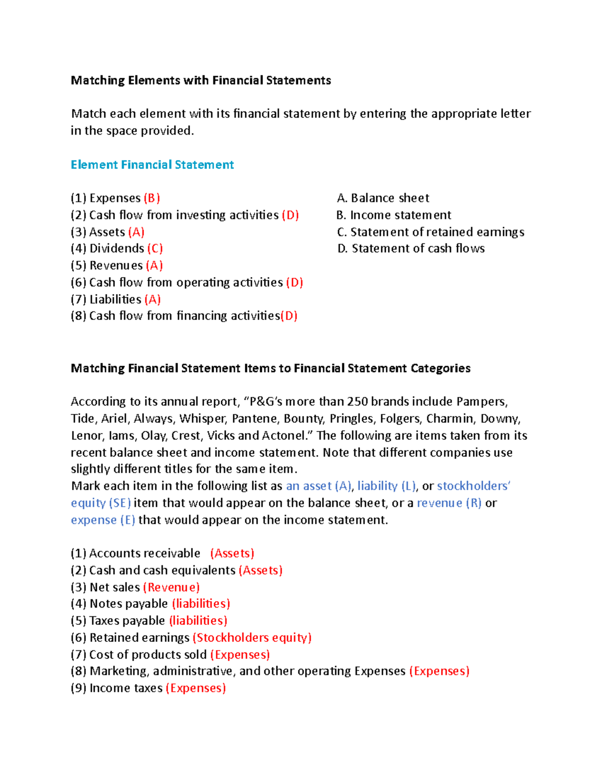 Financial accounting assignment - Matching Elements with Financial ...