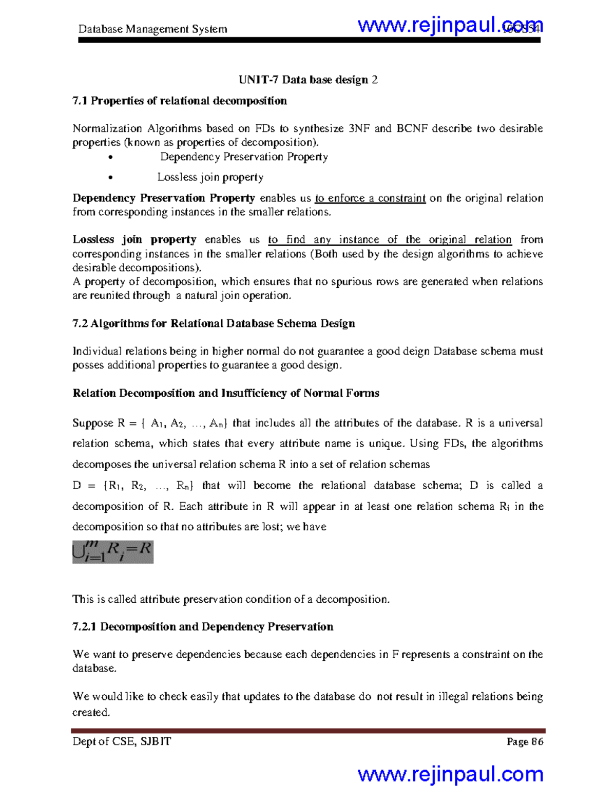 Properties of relational decomposition - Database Management System 10CS Dept of CSE, SJBIT Page ...