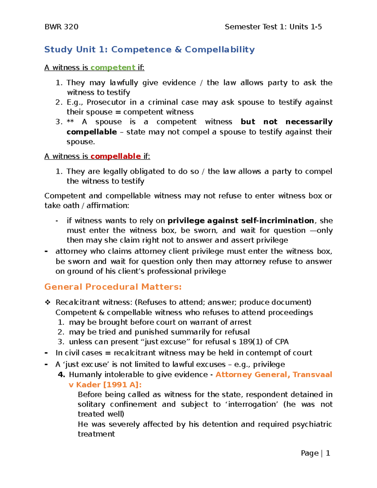 Semester Test Notes - Study Unit 1: Competence & Compellability A ...