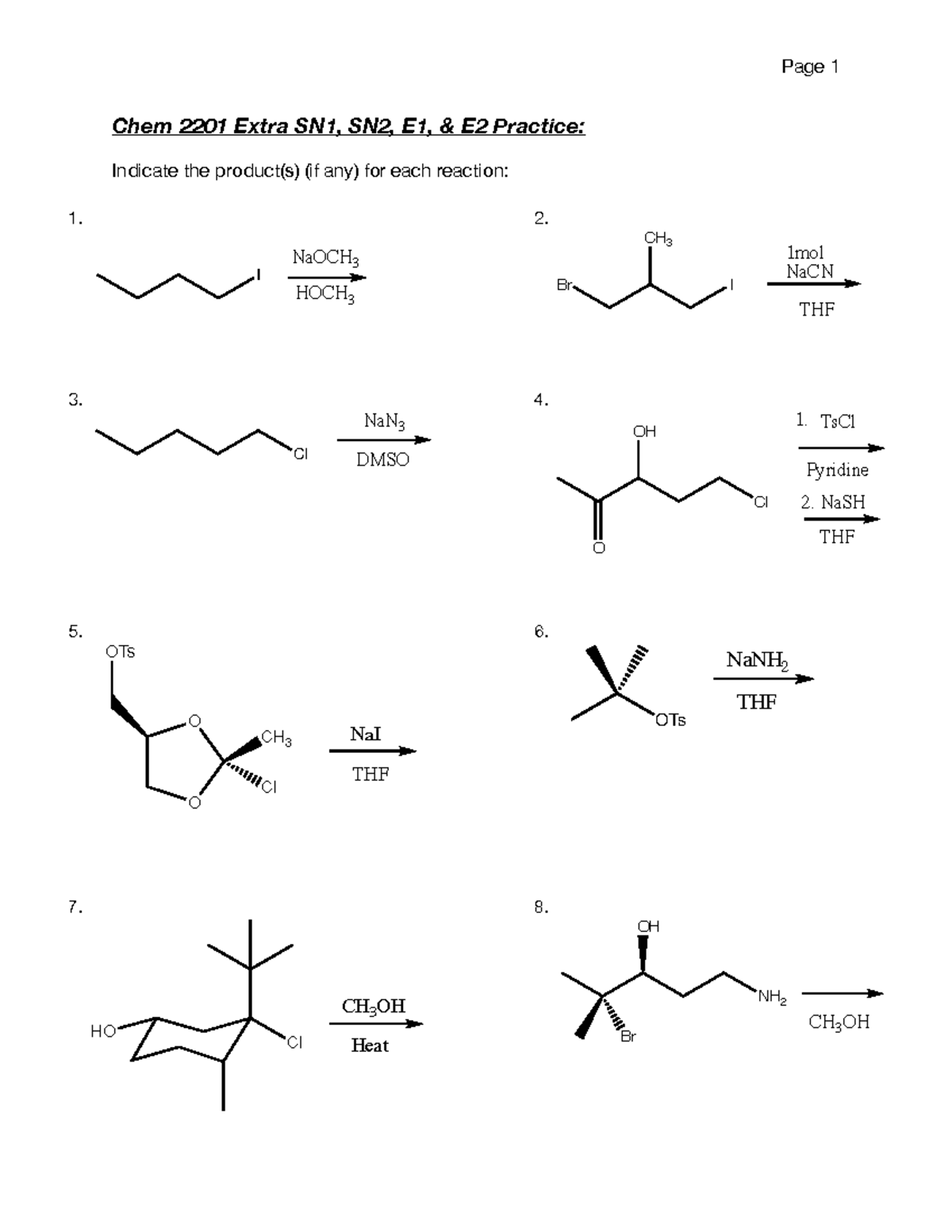 WS 18 Extra Sn1, Sn2, E1, E2 Practice - Chem 2201 Extra SN 1 , SN 2 , E ...