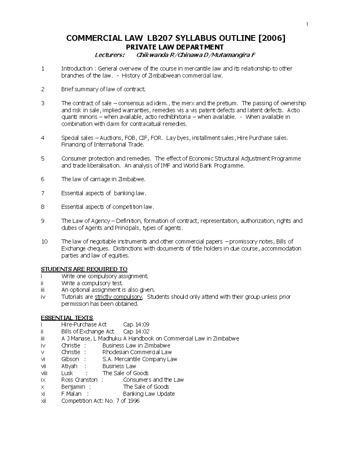 Commercial Law Course Outline - 1 COMMERCIAL LAW LB207 SYLLABUS OUTLINE ...