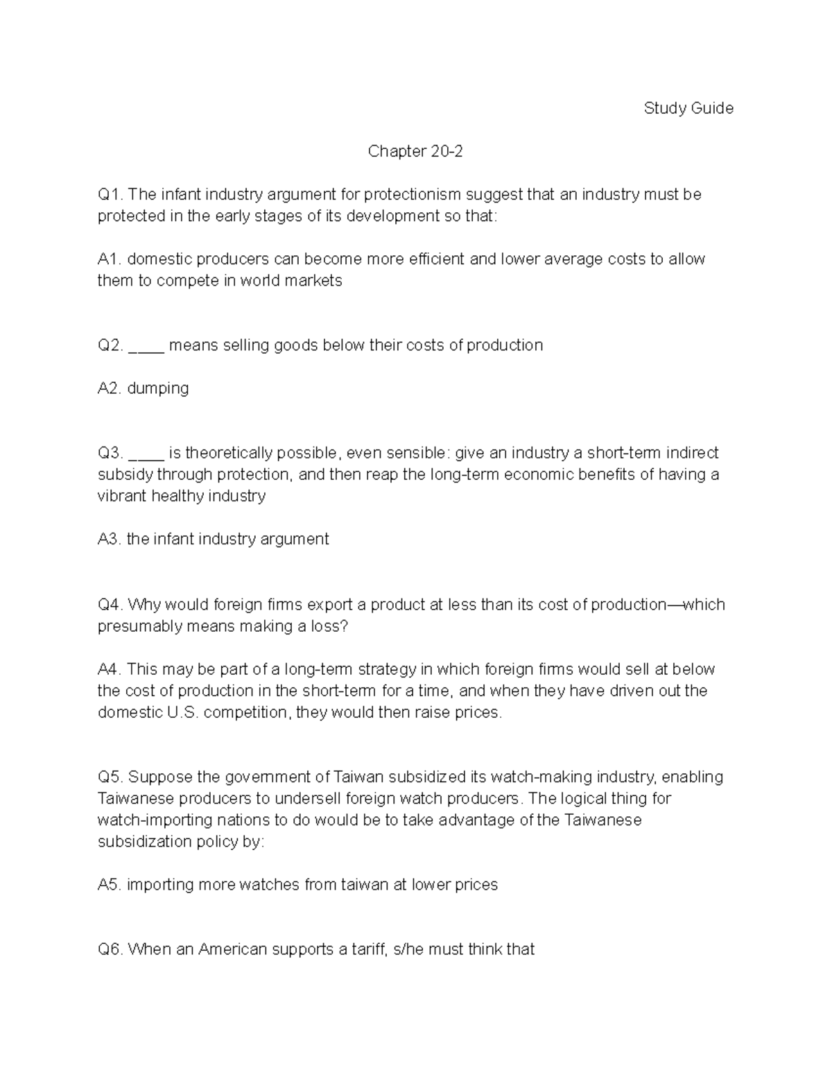 Econ chapter 20-2 study guide - Study Guide Chapter 20- Q1. The infant ...