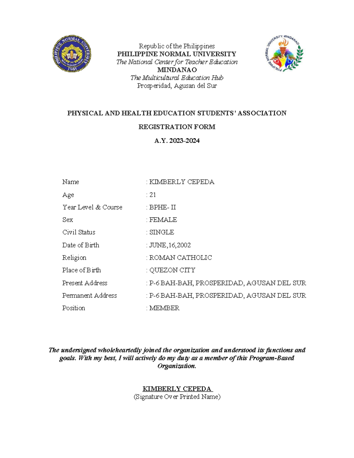 REG-FORM-AND-BIO-DATA - Republic of the Philippines PHILIPPINE NORMAL ...