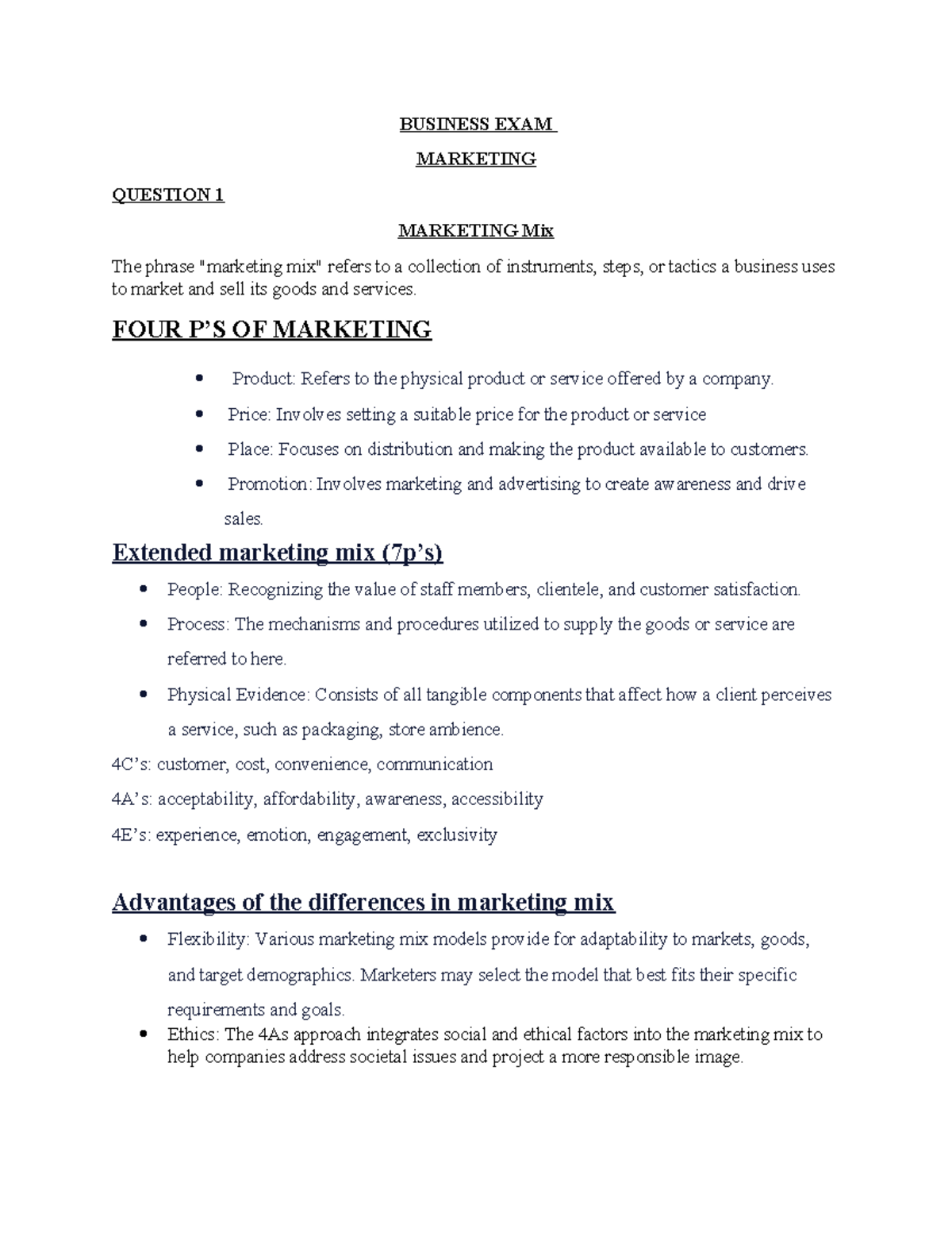 Business EXAM - question 1 - BUSINESS EXAM MARKETING QUESTION 1 ...