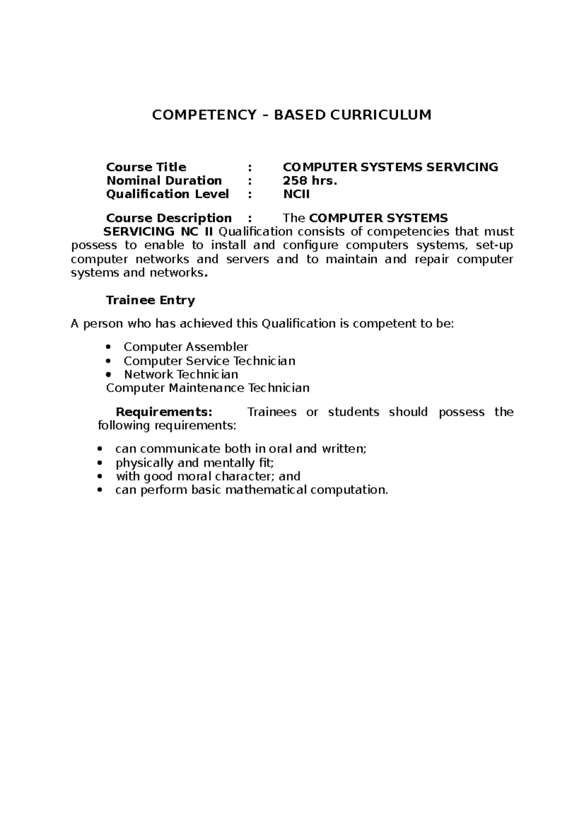 MY CBC (CSS COC3) - COMPETENCY-BASED CURRICULUM - COMPETENCY – BASED ...