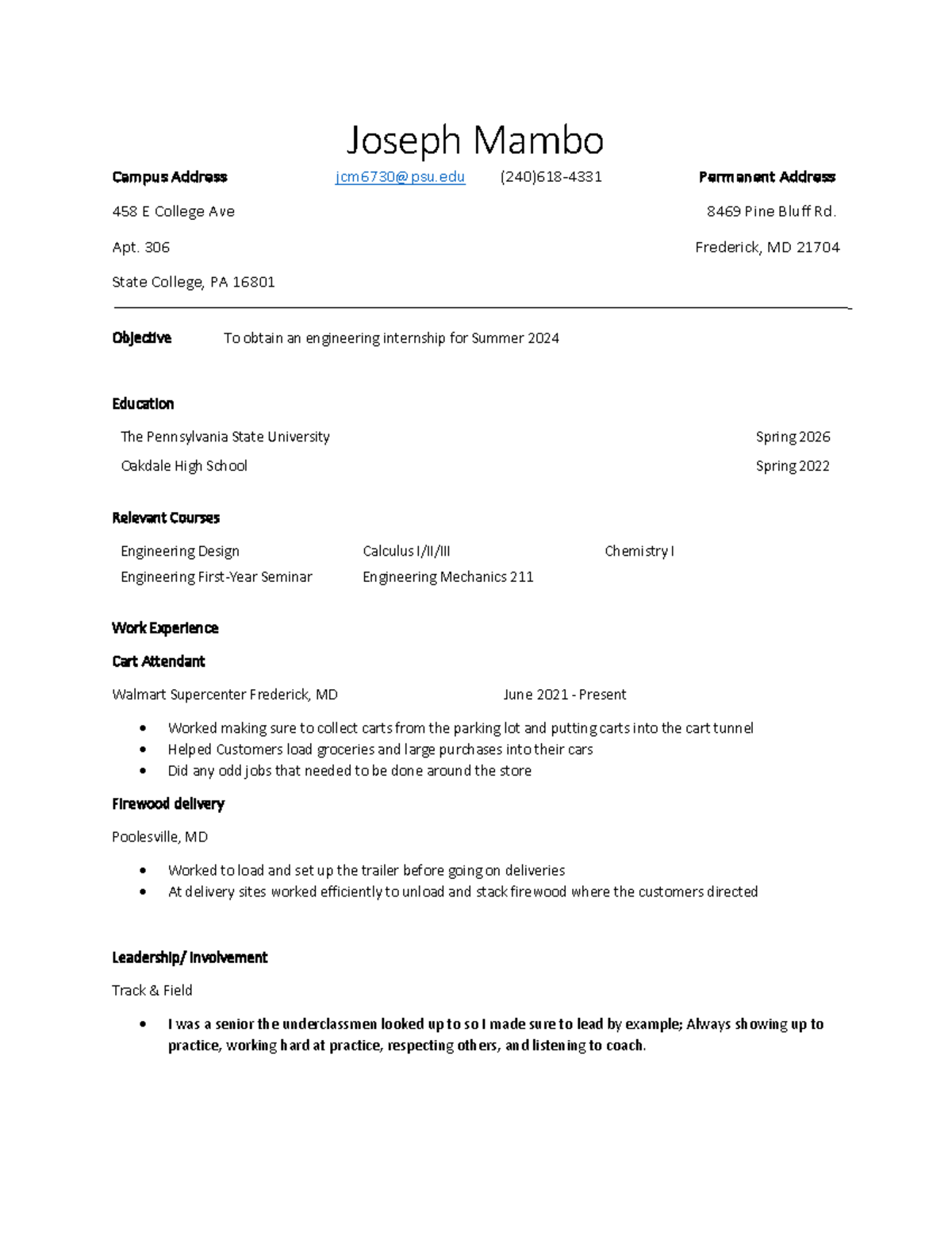 Resume 2 - Joseph Mambo Campus Address jcm6730@psu (240)618-4331 ...