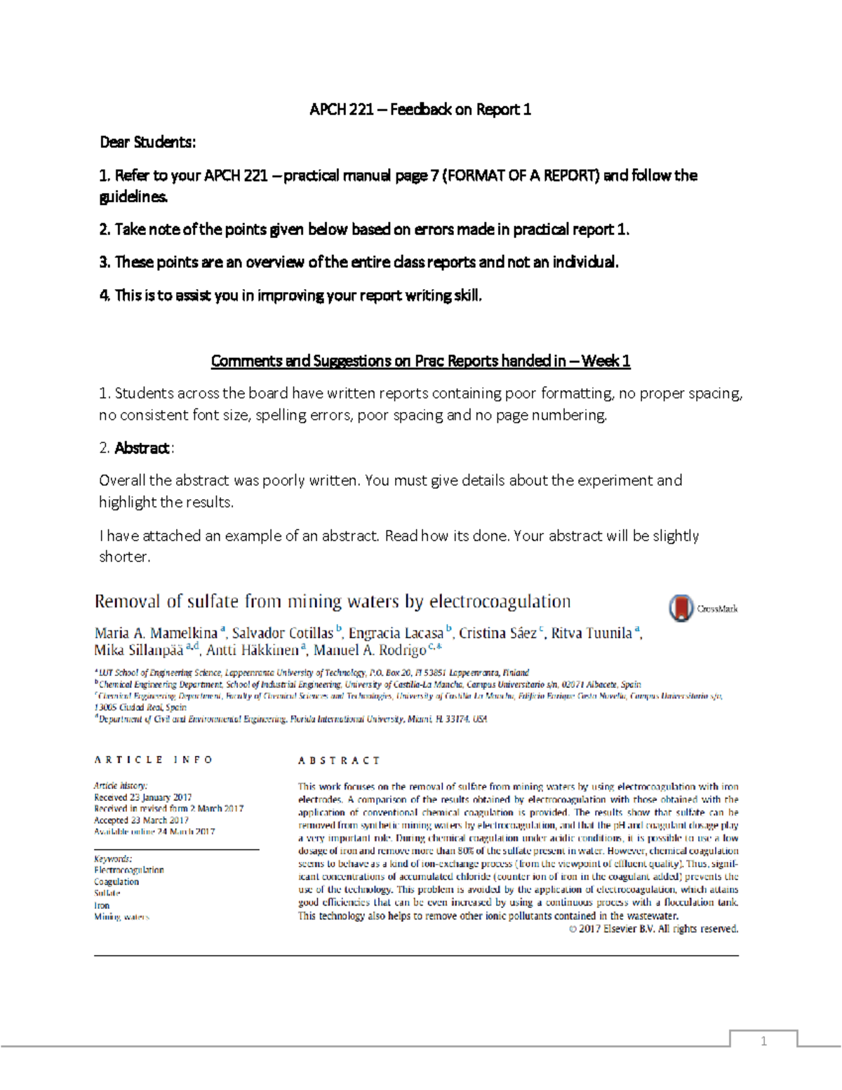 Feedback on APCH 221 reports - week 1 - APCH 221 – Feedback on Report 1 ...