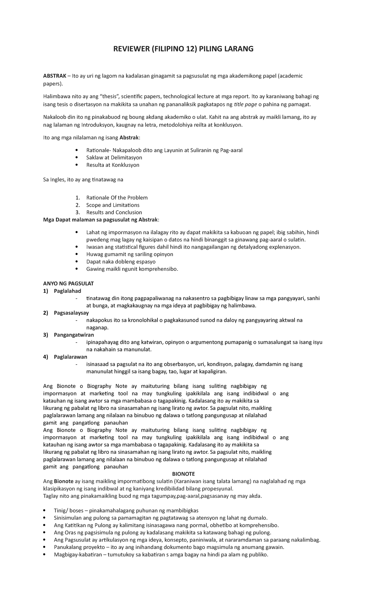 Reviewer- Filipino 12 - REVIEWER (FILIPINO 12) PILING LARANG ABSTRAK ...