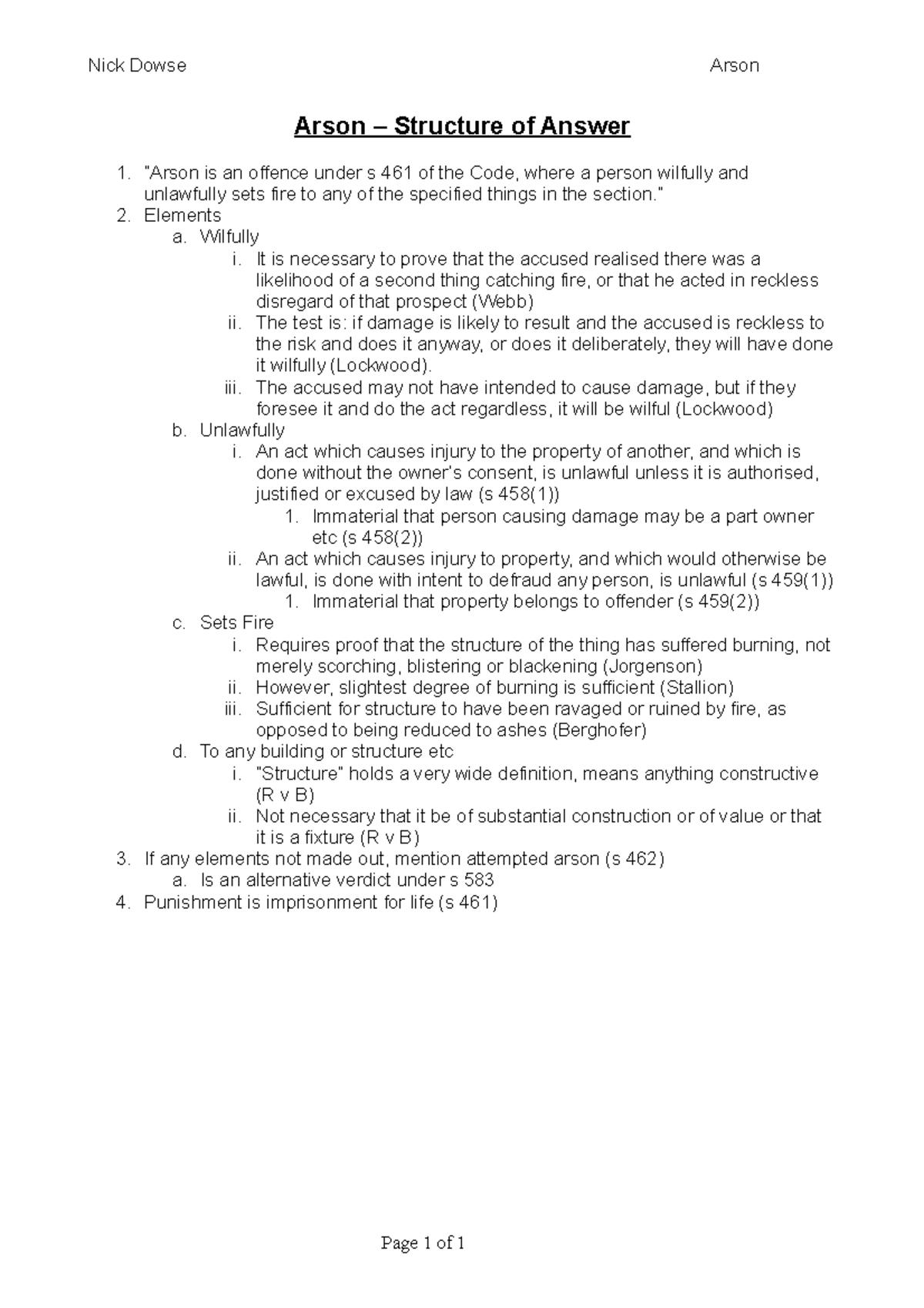 Arson – Structure of Answer rn - Nick Dowse Arson Arson – Structure of ...