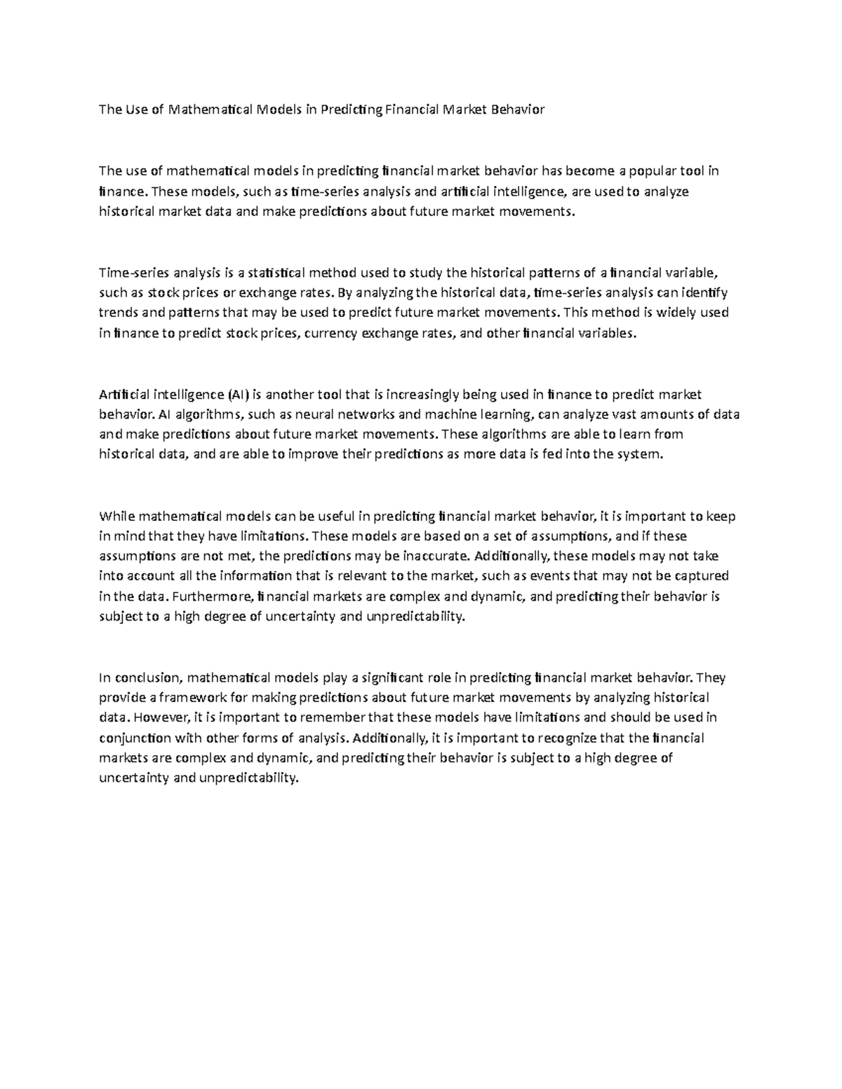 The Use of Mathematical Models in Predicting Financial Market Behavior ...