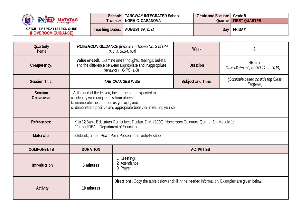 G5Q1W2-Homeroom-Guidance - CATCH – UP FRIDAY SESSION GUIDE (HOMEROOM ...