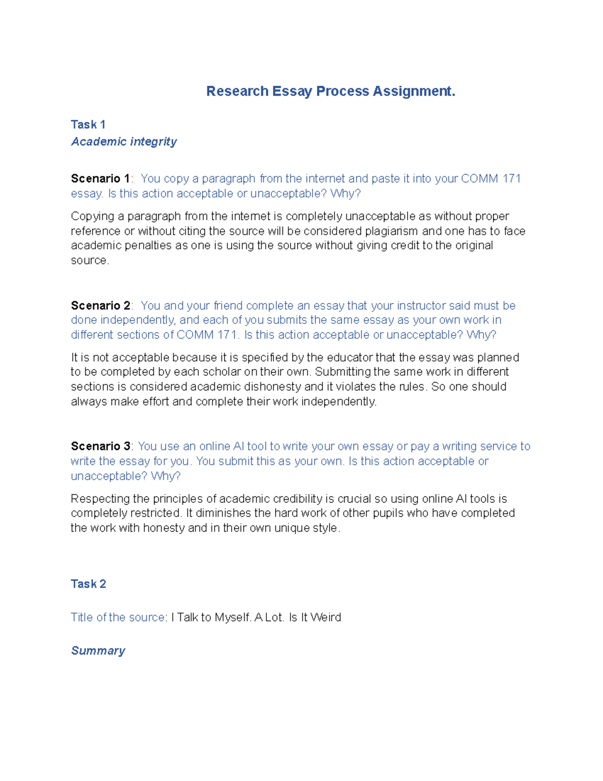 Research Essay Process Assignment work - Task 1 Academic integrity ...