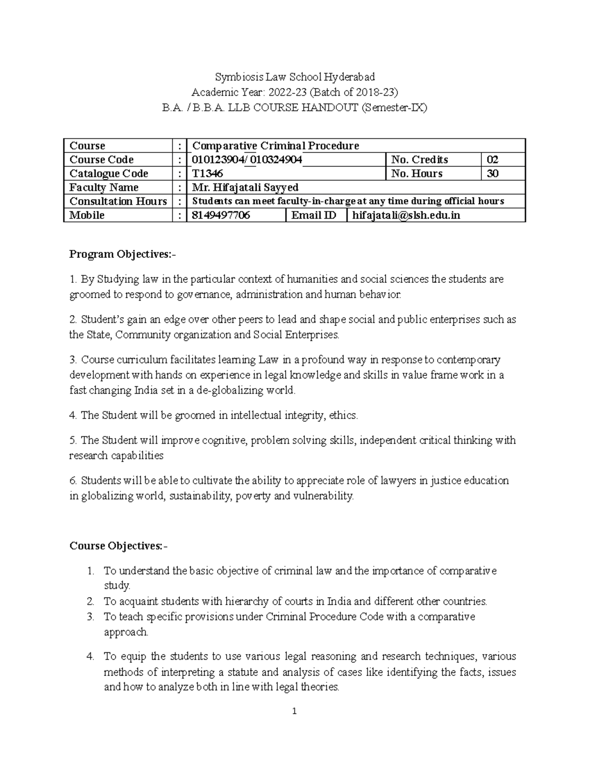 Comparative Criminal Procedure (OBE) - Symbiosis Law School Hyderabad ...